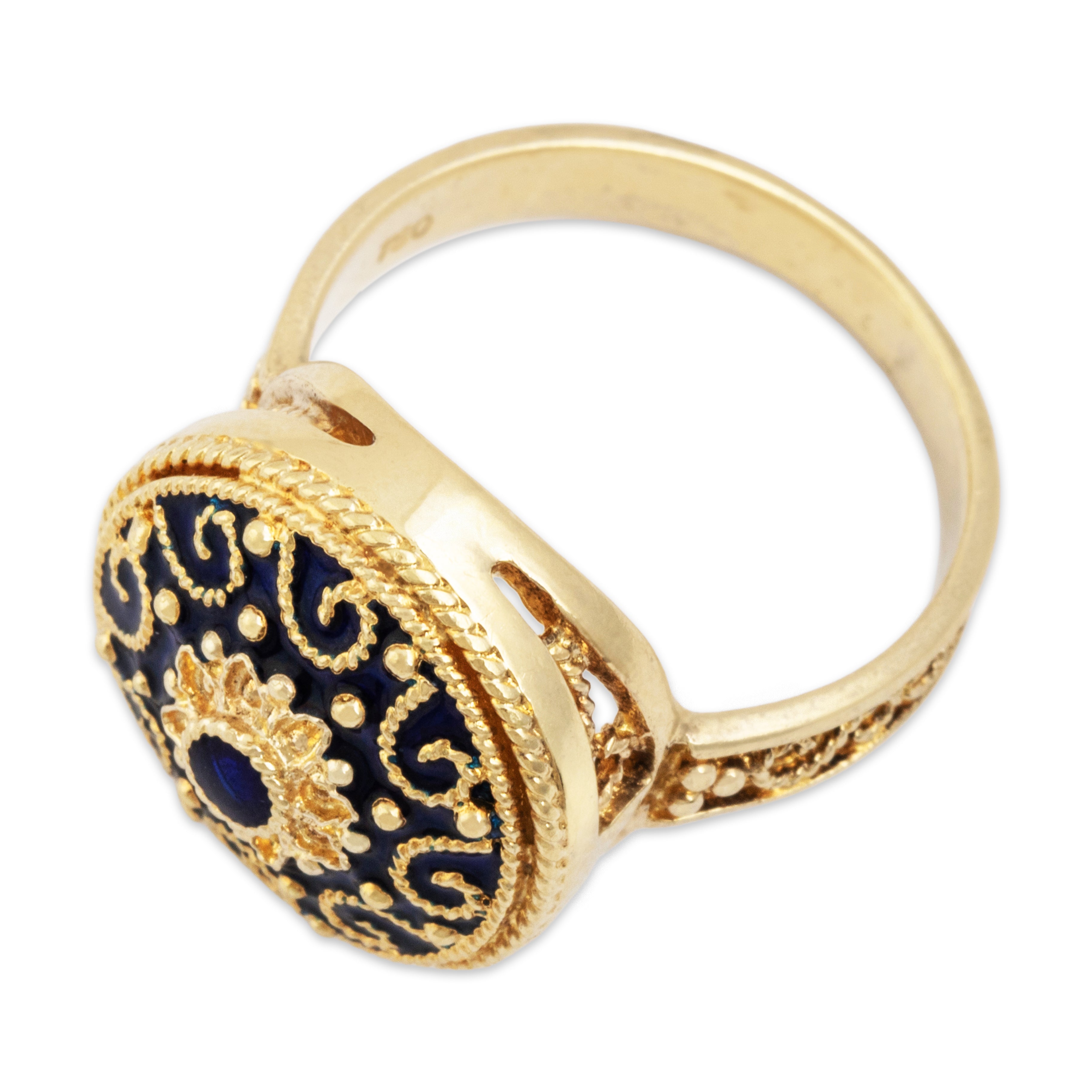 Vintage 18k Yellow Gold Intricate Royal Blue Enamel Dome Ring 5.00 ...