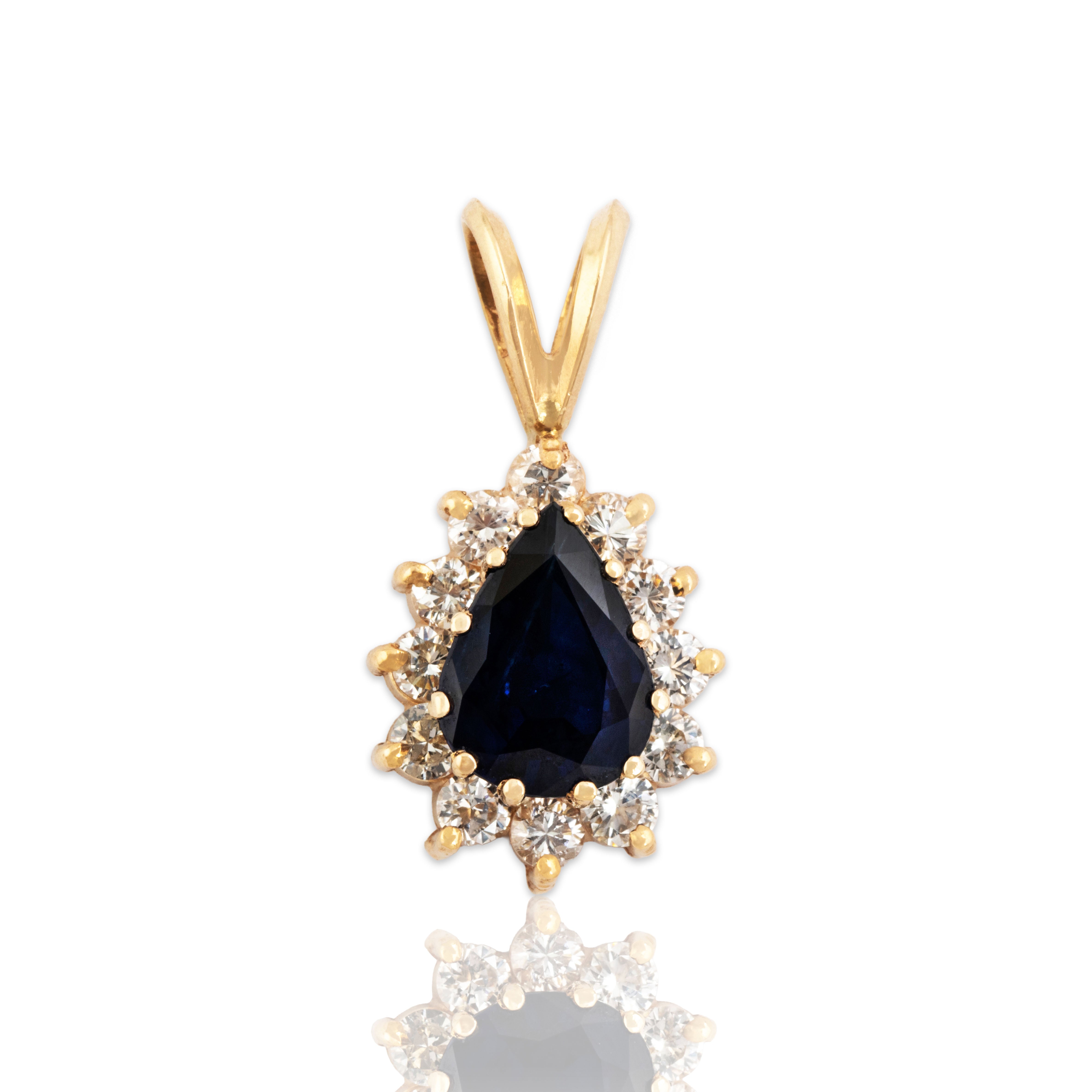 Vintage 14k Yellow Gold 1.2ct Dark Blue Sapphire .42cttw Diamond Pear ...