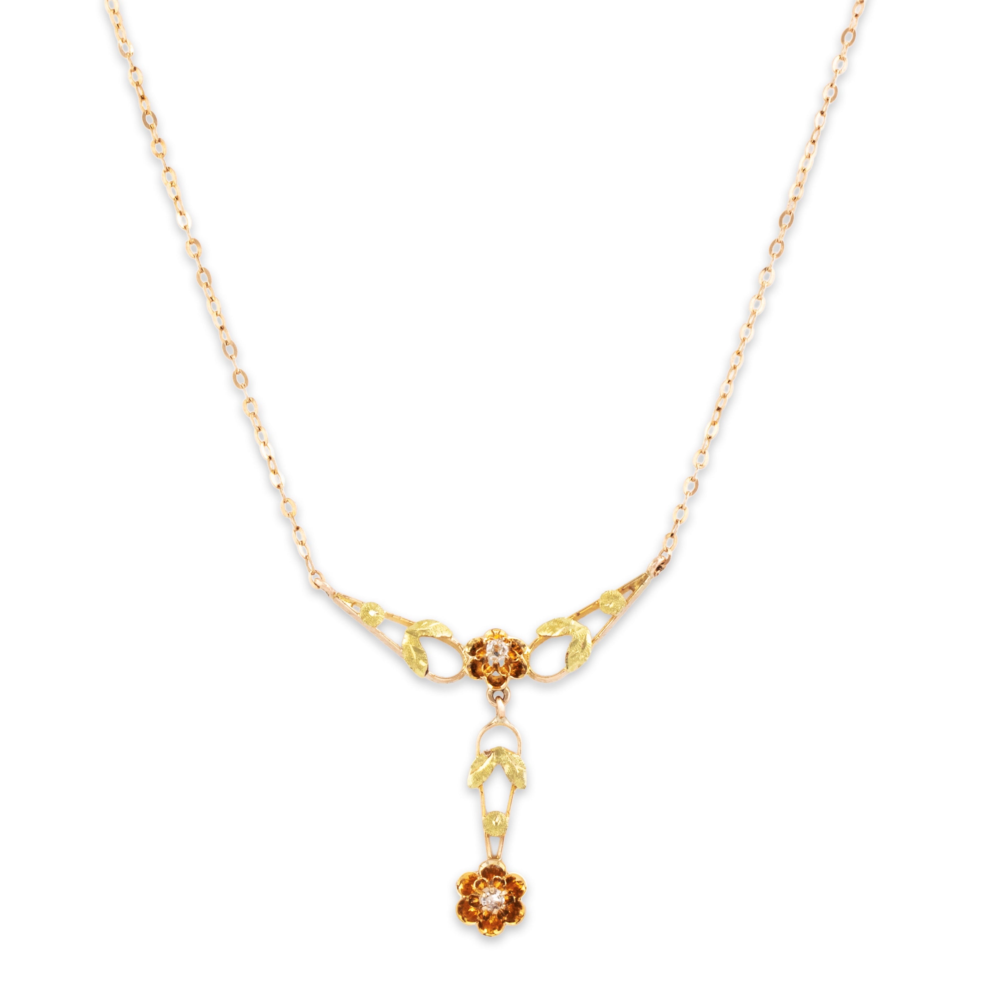Antique 10k Rose & Yellow Gold Diamond Dainty Foliate Lavalier Necklace ...