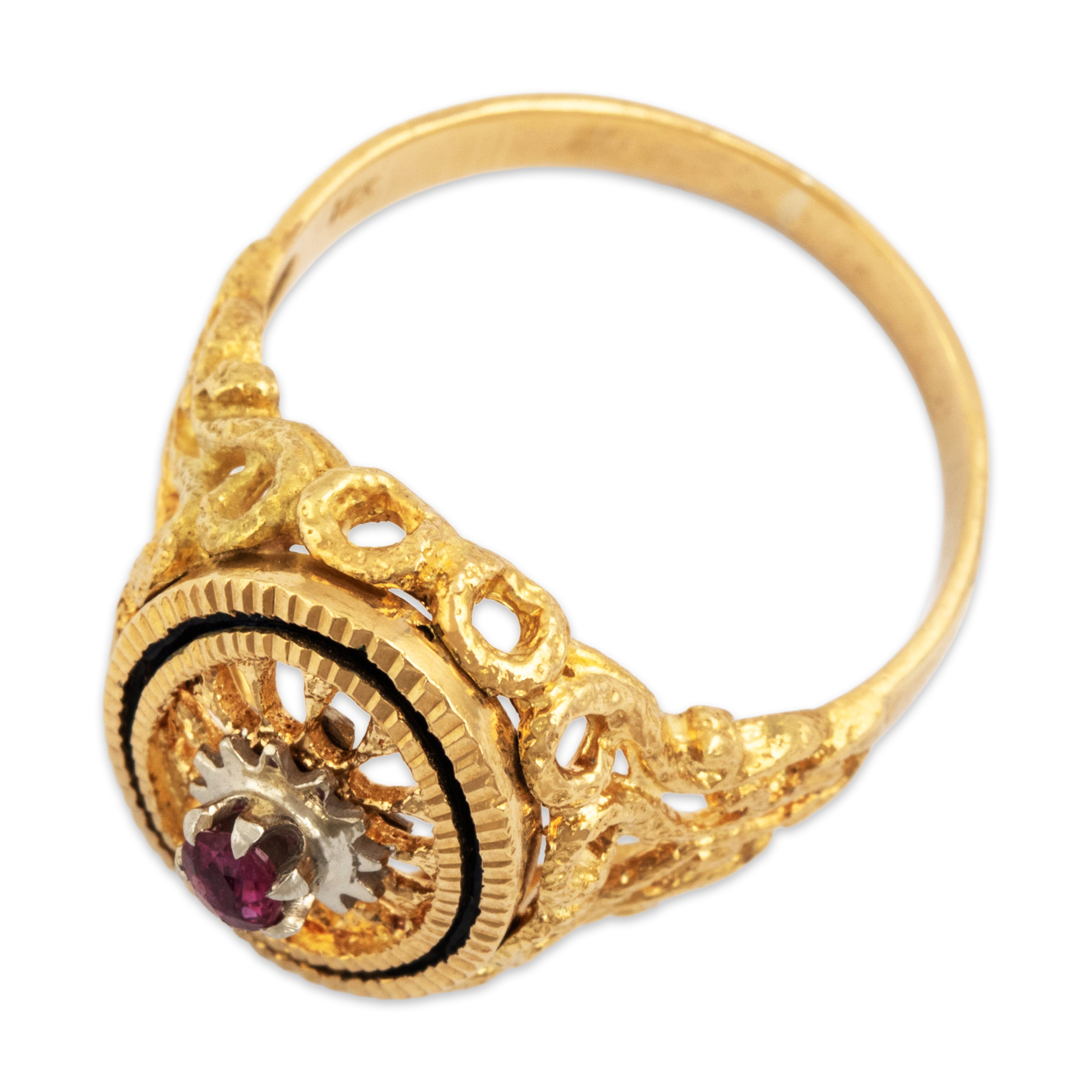 Vintage 18k Yellow Gold Ruby Intricate Navy Blue Enamel Openwork Oval ...