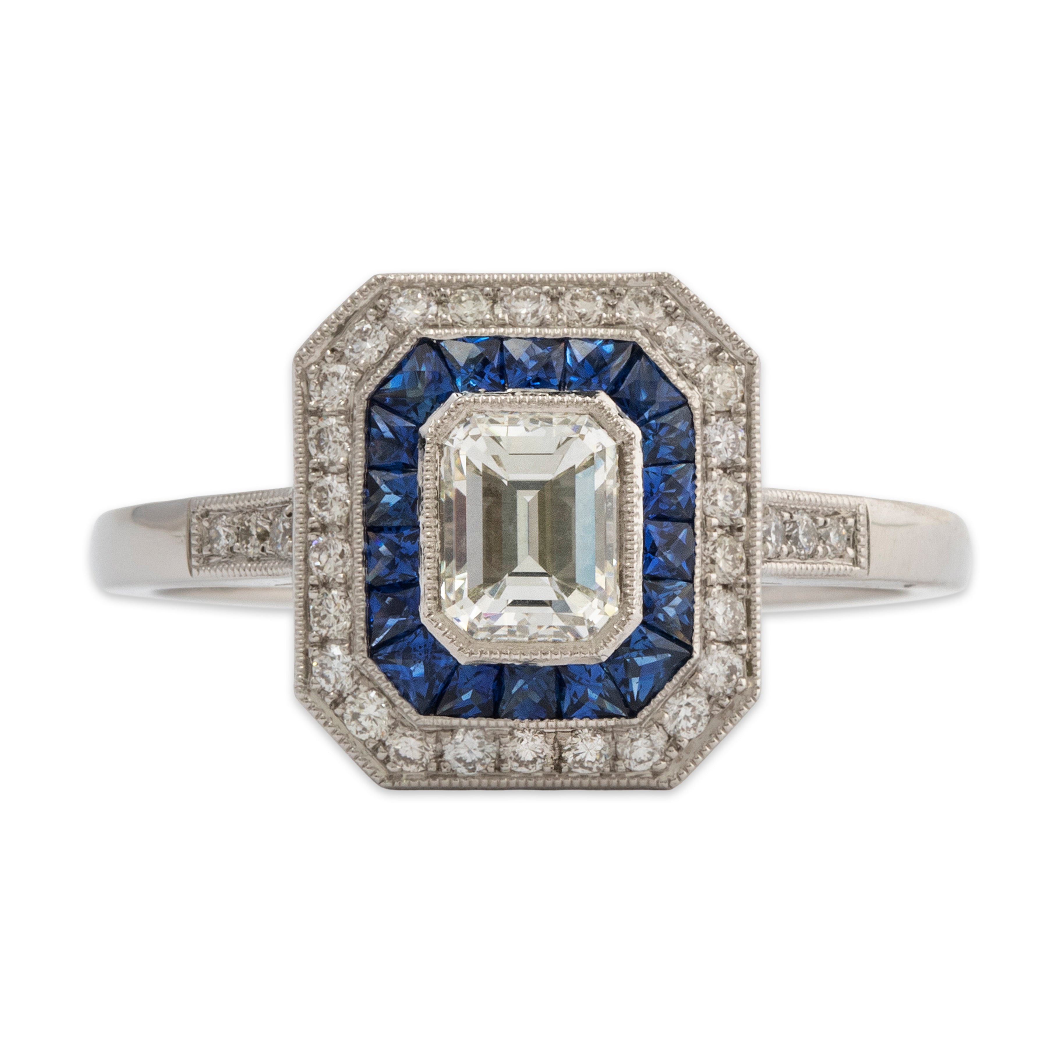 ABBOTT & OAKS PLATINUM DIAMOND SAPPHIRE ART DECO STYLE ENGAGEMENT RING ...