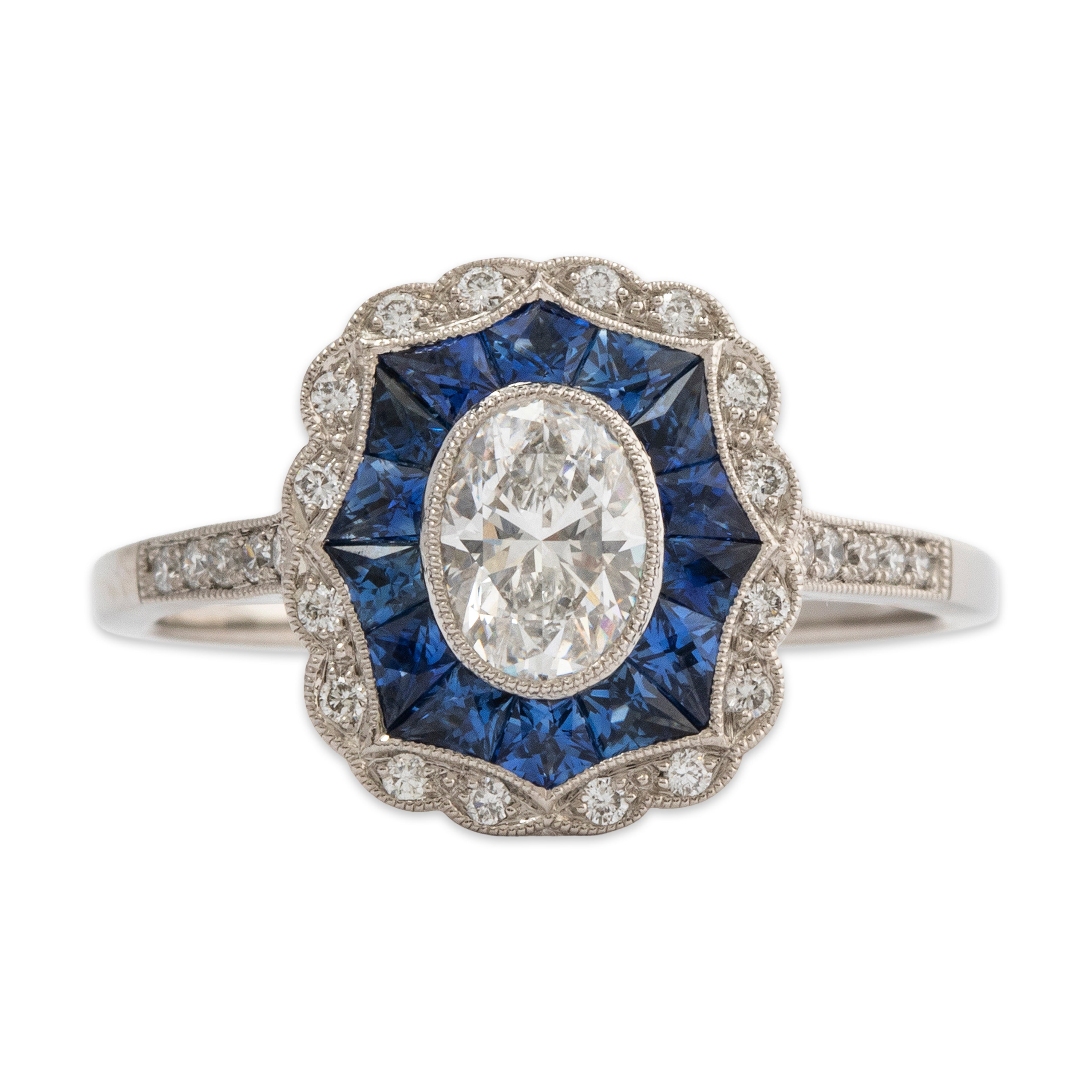 ABBOTT & OAKS PLATINUM DIAMOND SAPPHIRE ART DECO STYLE ENGAGEMENT RING ...